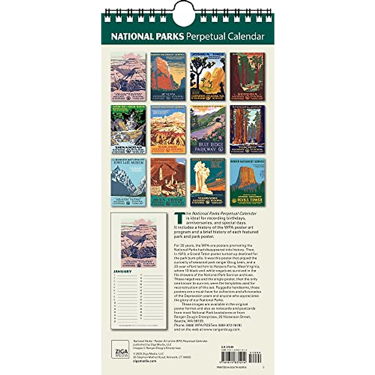 National Parks Poster Art of the WPA Perpetual Calendar Birthday Anniversary Family Date Annual Reminders 5.5" x 11.5"