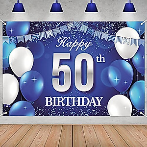 4 x 6ft Happy 50th Birthday Party Decorations Banner Blue and Silver - Cheers to 50 Years Anniversary Photo Booth Backdrop party Supplies for Girls and Boys