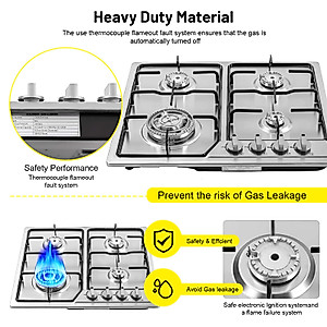 Gas Cooktop 22″x19″ Built in Gas Cooktop 4 Burners Stainless Steel Stove with NG/LPG Conversion Kit Thermocouple Protection