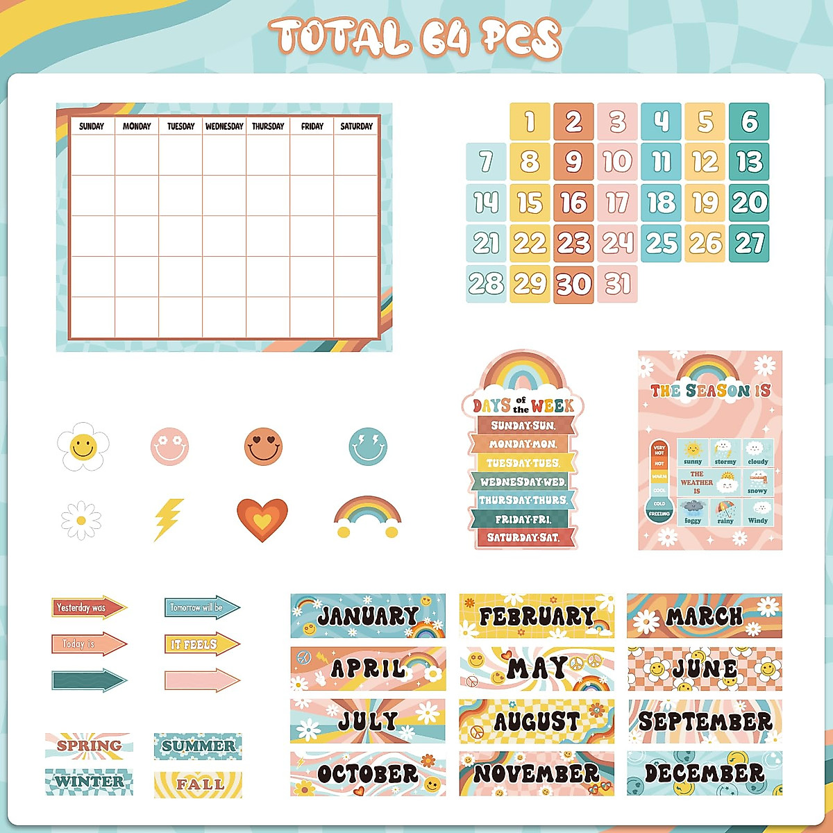 Updated 62Pcs Retro Bulletin Board Borders Classroom Decorations Calendar Season Weather Week Chart Educational Posters Retro Classroom Decor Theme Sets for Kindergarten Home School Classroom Supplies