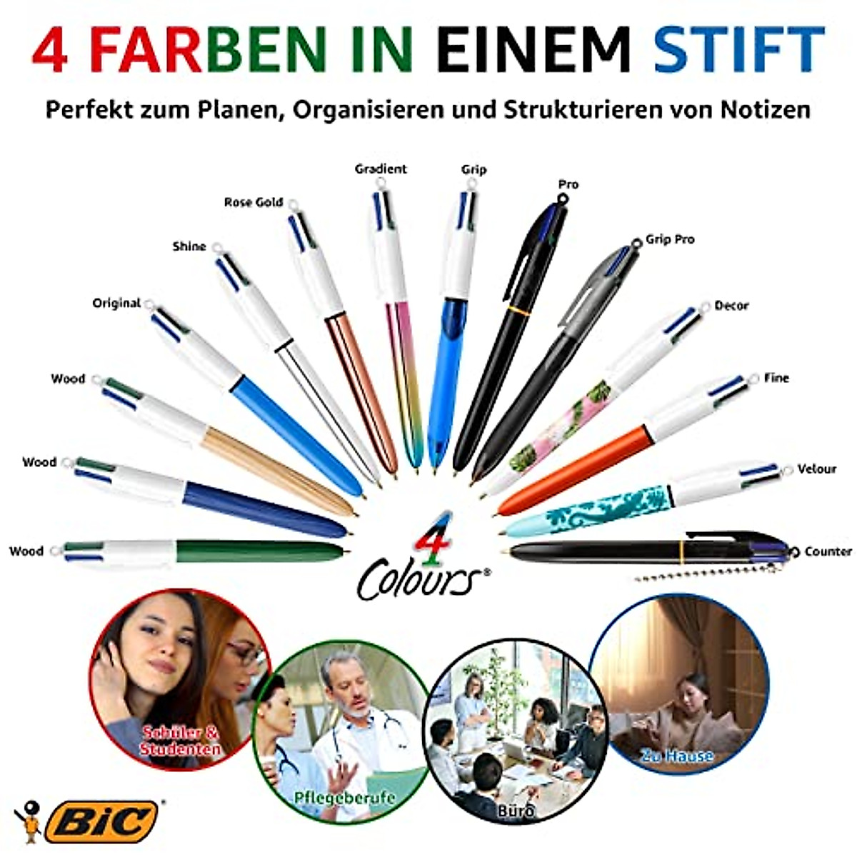 BIC 4 Colours Grip Pro Retractable Medium Point (1.0 mm) Ballpoint Pens, 12 Pens and Each Pen Contains 4 Colours