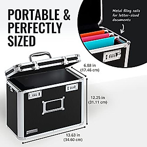 Vaultz File Organizer Box - 14 x 7 x 12.19 Inch Letter Size, Portable Locking Storage Totes with Dual Combination Locks for Filing Office Documents - Black