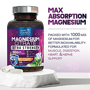 Magnesium Citrate Capsules 1000mg - Max Absorption Magnesium Powder for Muscle, Nerve, Bone and Heart Health Support, High Absorption Citrate Complex, Gluten Free, Non-GMO - 120 Capsules