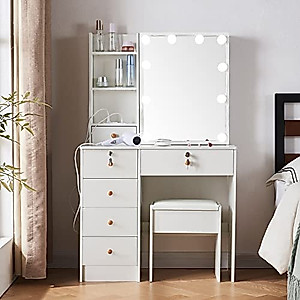 Jarbalai Vanity Desk with Mirror & Lights, Vanity Table with LED Lighted Mirror & Power Outlet, Vanity Set with Drawers and Cushioned Stool for Girls Bedroom, White