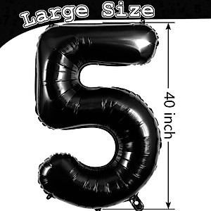 Large Black Number 5 Balloons, 40 Inch Foil Balloons, Giant Number Balloons for Women/Men Birthday Party Anniversary Celebration Decorations