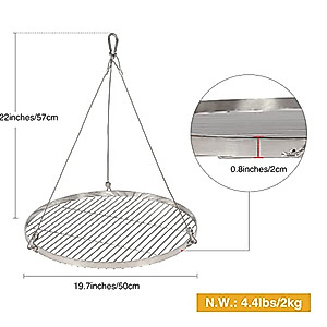 Lineslife Φ19.7 Stainless Steel Fire Pit Grill Cooking Grate, Round BBQ Grill Grate with Durable Carabiner and Wire Rope for Outdoor BBQ Picnic