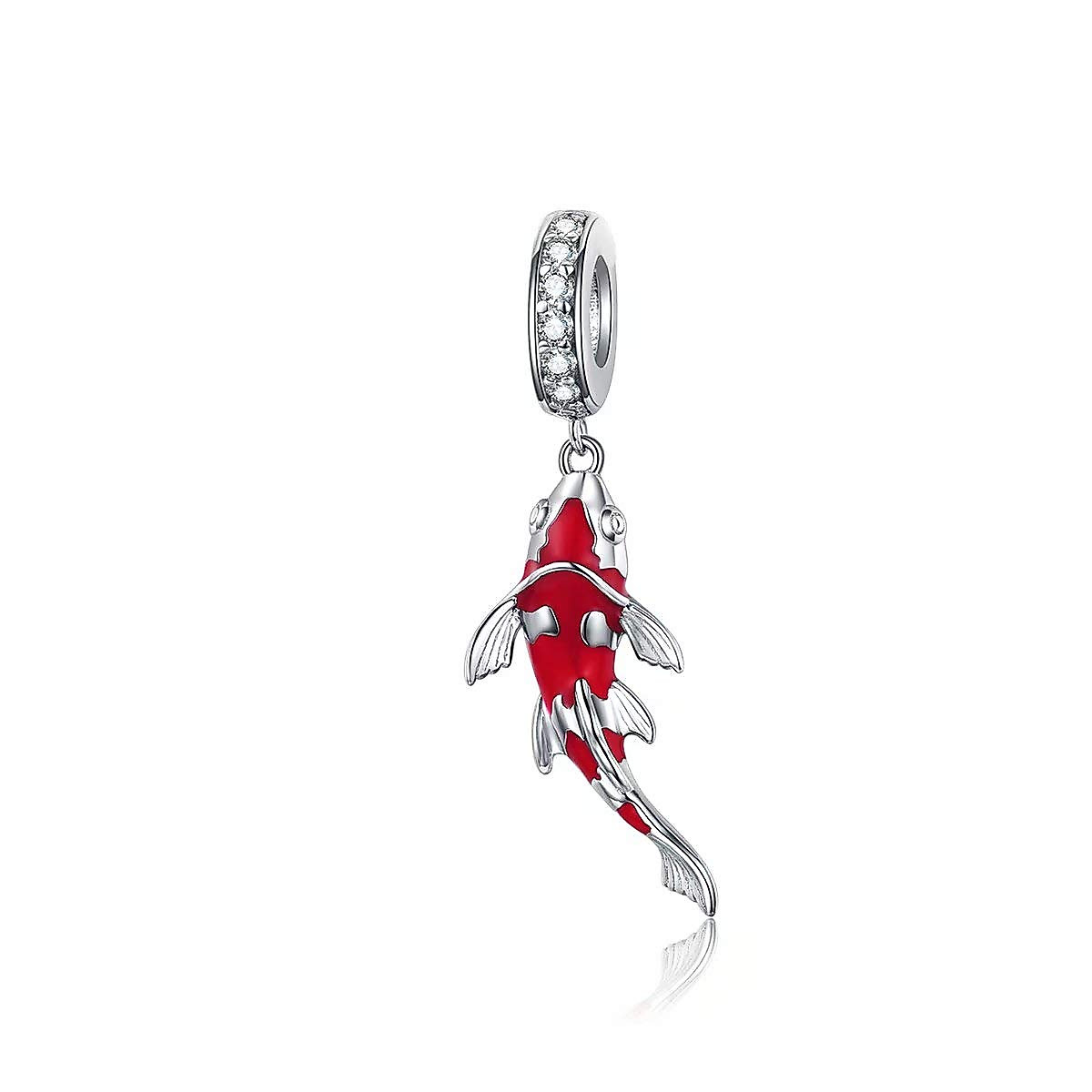 ToHa 925 Sterling Silver Carp Bead Charms,Good Luck Charms Cubic Zirconia Fish Animal Charm Koi Beaded Pendant for European Bracelet & Necklace,DIY Jewelry for Women