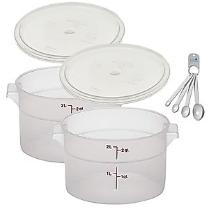 Lumintrail Cambro 2 Quart Round Food Storage Container, 2-Pack Translucent, with a Translucent Lid, Bundle with a Measuring Spoon Set