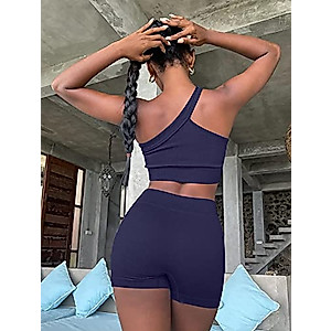 Two Pieces Workout Set For Women Sports Outfits Seamless Tank Top With Running Short Matching Yoga Sets (Navy blue02, S)