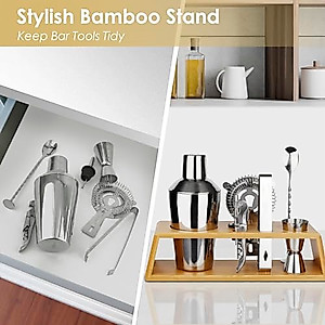 Arora 8Pcs Bartender Kit Bar Set, 20OZ Silver Cocktail Shaker Set with Stainless Steel Bartending Accessories for Home & Bamboo Stand, Ideal Drinking Mixers Gift Set for Martini Margarita
