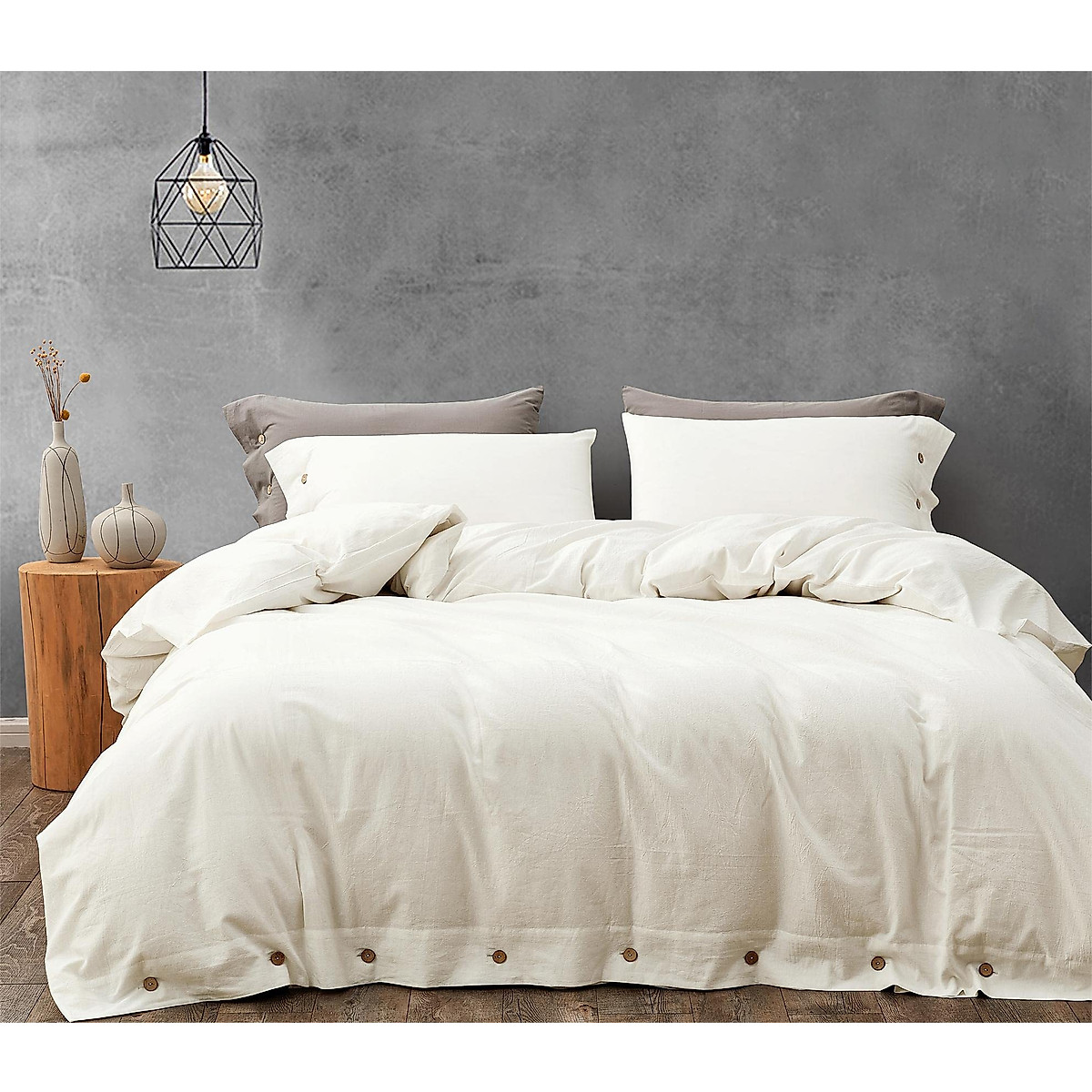 melingo Queen Duvet Covers, White Washed Cotton Duvet Cover Set, Soft, Cooling, Breathable Bedding Collection Set with Buttons Closure. Solid Color Quilt Cover (1 Comforter Cover + 2 Pillow Cases)