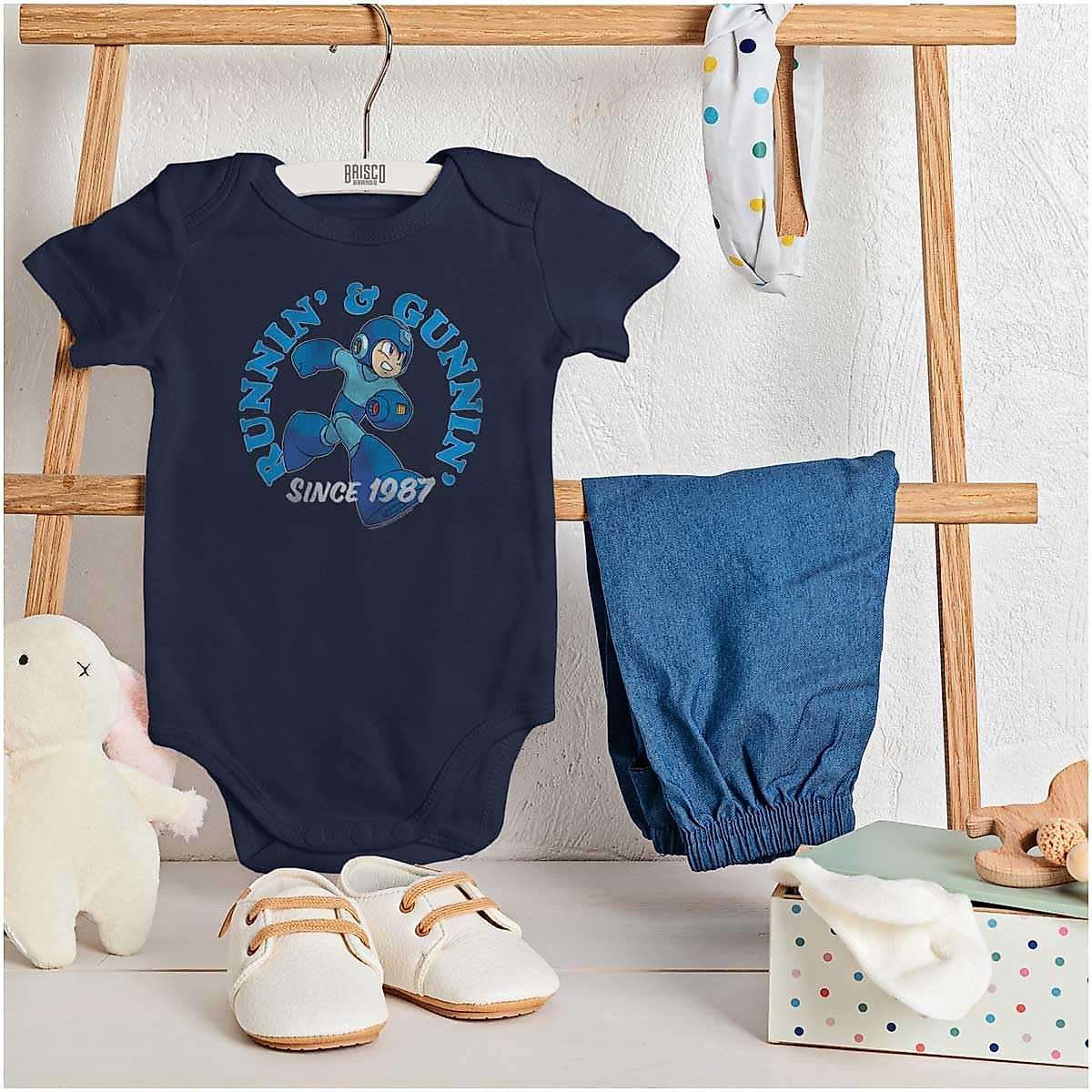 Brisco Brands Mega Man Video Game Runnin and Gunnin Baby Romper Boys or Girls