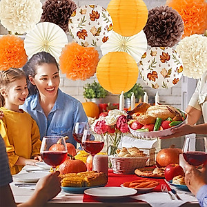 Fall Party Decorations 13Pcs Maple Leaves and Orange Paper Lattern, Orange and Beige Pom Poms for Fall Harvest Thanksgiving Bridal Show Wedding Autumn Birthday Party Supplies