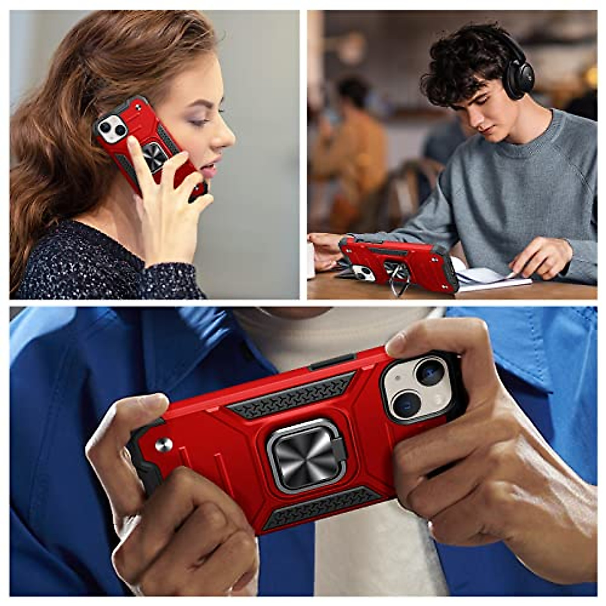 JAME for iPhone 14 Case with Screen Protector [2 PCS], Shockproof Bumper Case for iPhone 14 Case for Women & Men, Heavy-Duty Protection with Metal Ring Kickstand Case for iPhone 14, Red