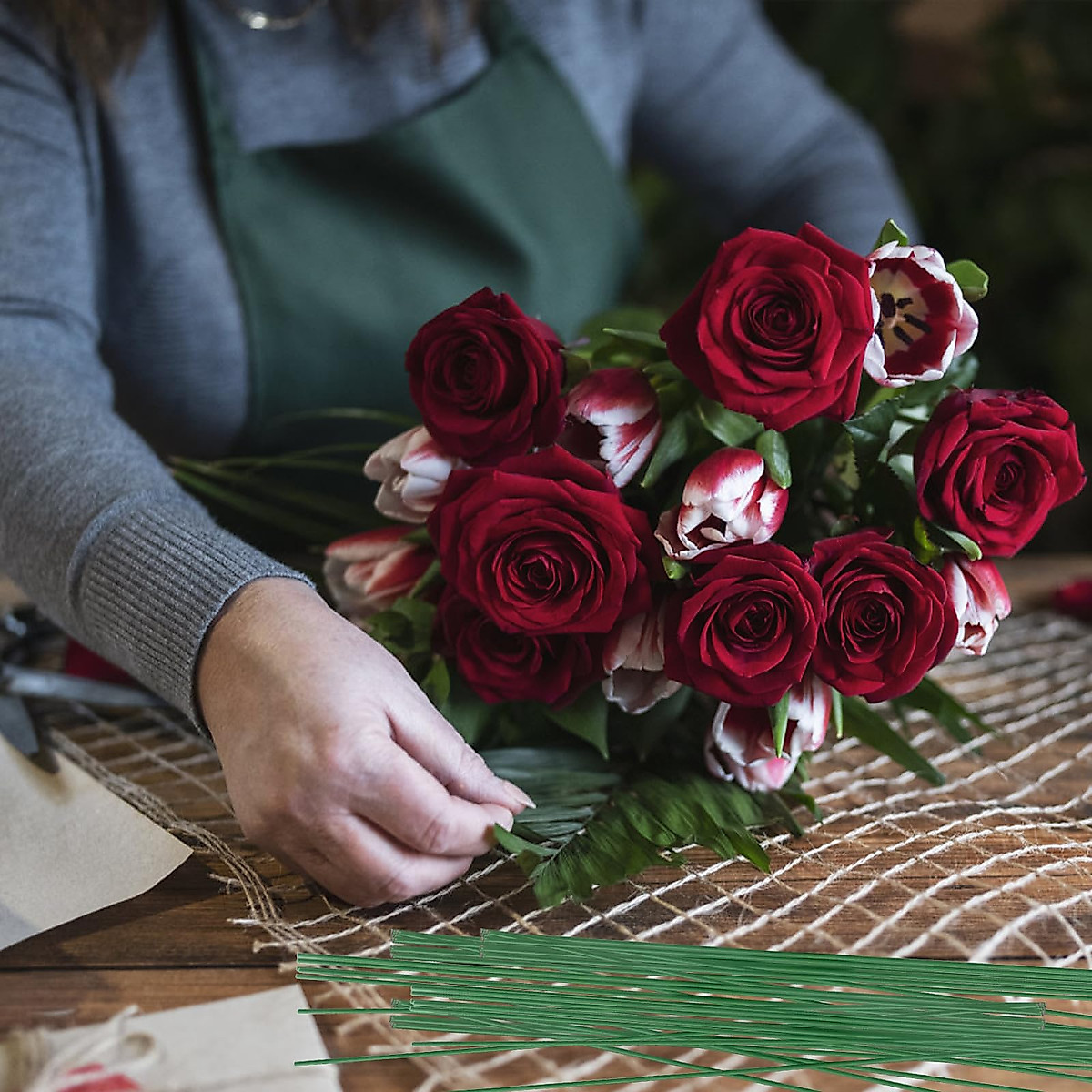 200 PCS Floral Stem Wire Flower Arrangements and DIY Crafts,Dark Green,Floral Wire for Florist Flower Arrangement 16 Inches