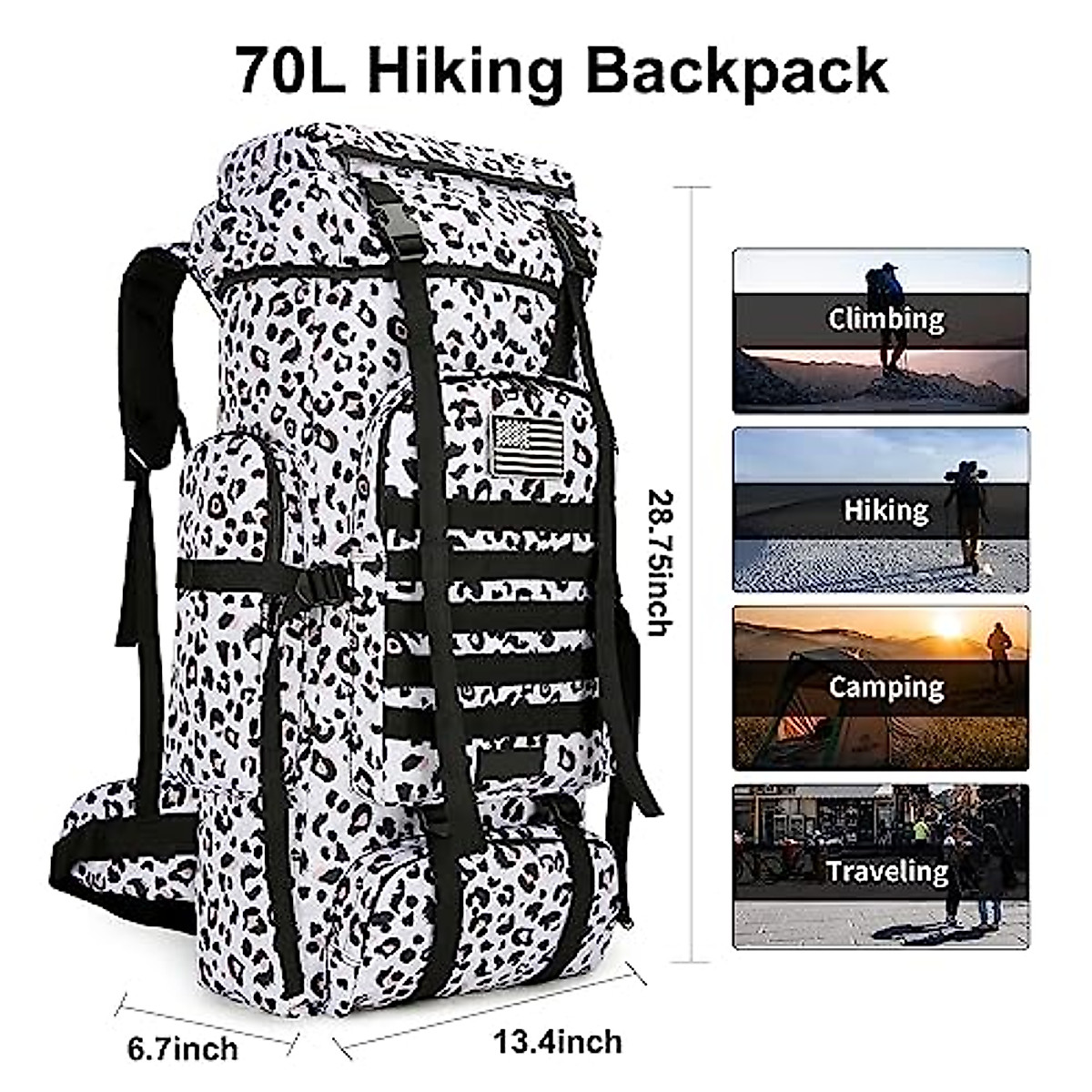 W WINTMING 70L Hiking Backpack Lightweight Camping Backpack Molle Backpack for Backpacking Treeking Climbing Outdoor - Frameless (Leopard Camo)