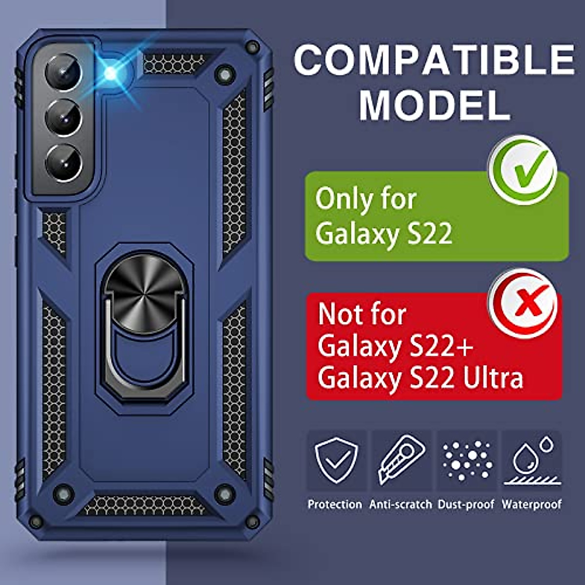 Vaki for Samsung Galaxy S22 5G Case with Built in Screen Protector Military Grade Hard Rugged Cover Heavy Duty Armor Galaxy S22 Phone Cases with Metal Ring Kickstand Shockproof Blue