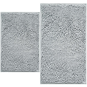 BOANKODU Bathroom Rugs Sets 2 Piece, Extra Soft Chenille Bath Mat Absorbent Bathroom Rug, Bathroom Mat with PVC Non-Slip Bottom, Machine Washable Bath Rugs (32x20 Inch + 24x16 Inch, Light Grey)