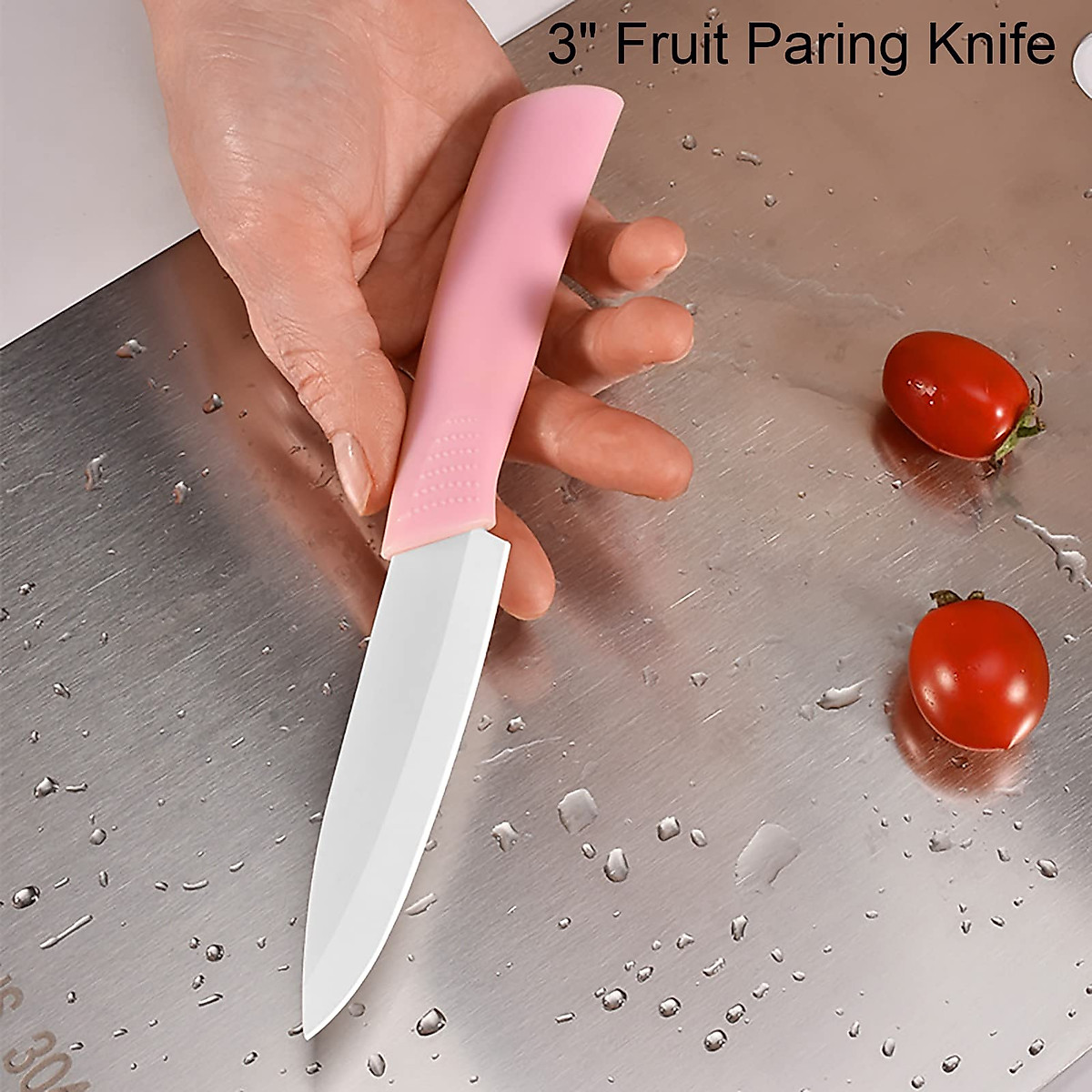 wgzixezn Ceramic Knife Set with Covers Pink Handle 6 Kitchen Knives Pcs - 6" Chef Knife 5" Utility Knife 4" Fruit Knife 3" Paring Knife Knife Block Holder and a Peeler,Pink