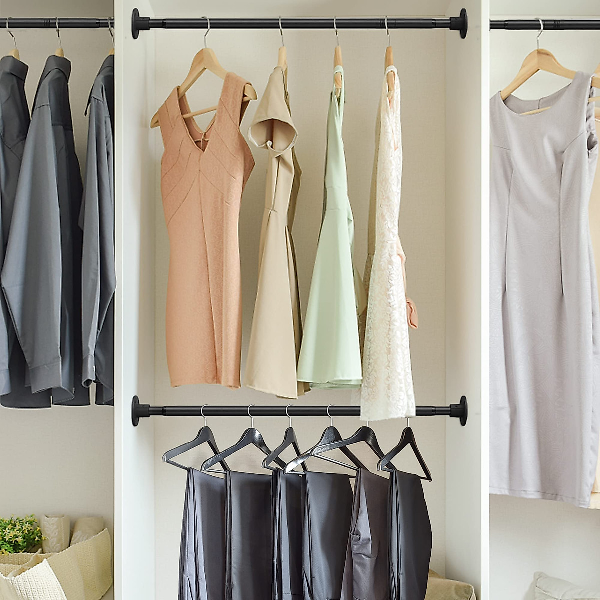 Hanging Closet Rod,29-64 Inches Space Saving Closet Rod Extender Hanging,Black Adjustable Clothes Hanging Bar, Stainless Steel Closet Garment Organizer Rack ,Bathroom,Windows