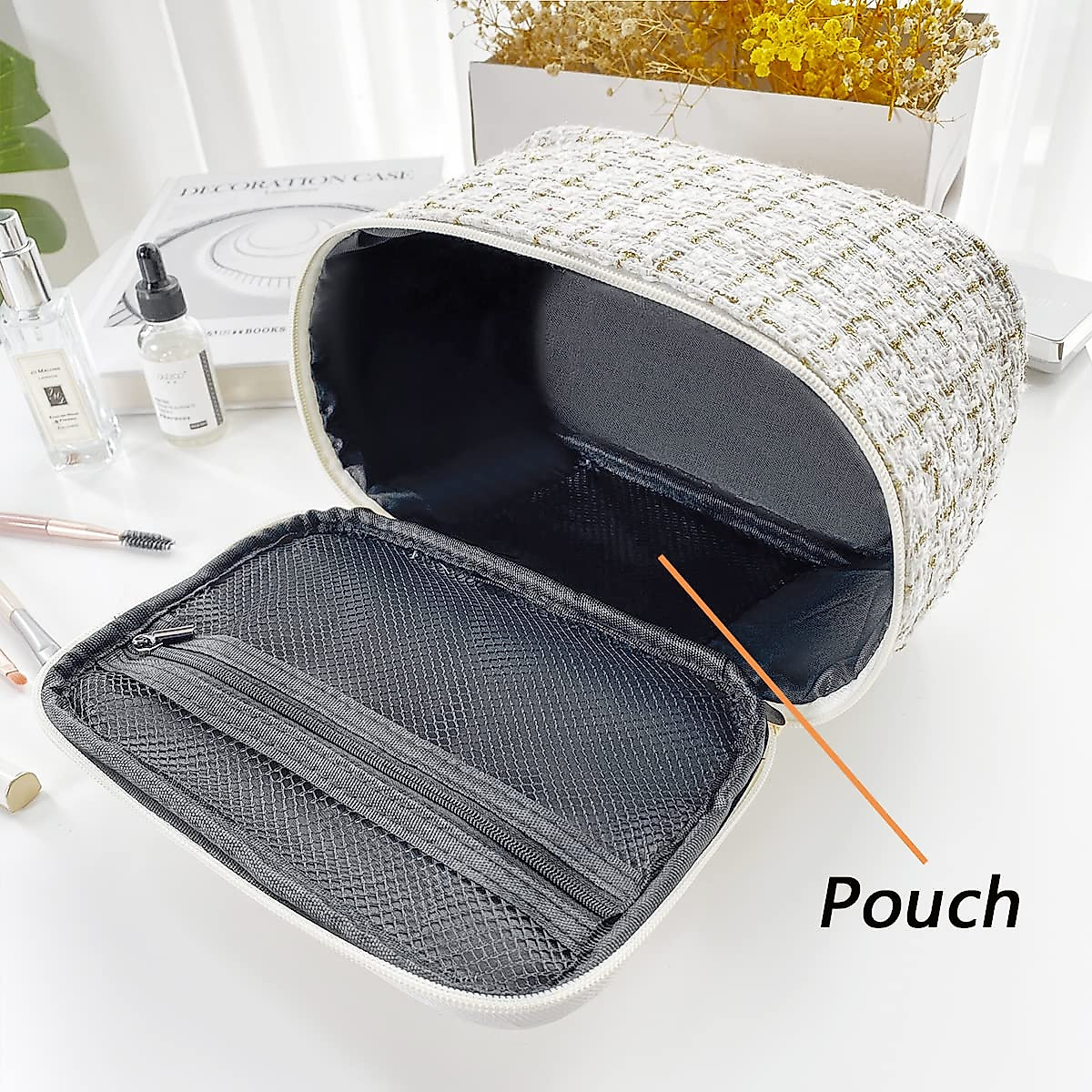 UBMSA Travel Makeup Bag Cosmetic Bag for Women Girls, Large Capacity Weave Woolen Cloth Travel Toiletry Organizer Makeup Bags Accessories Storage (White)