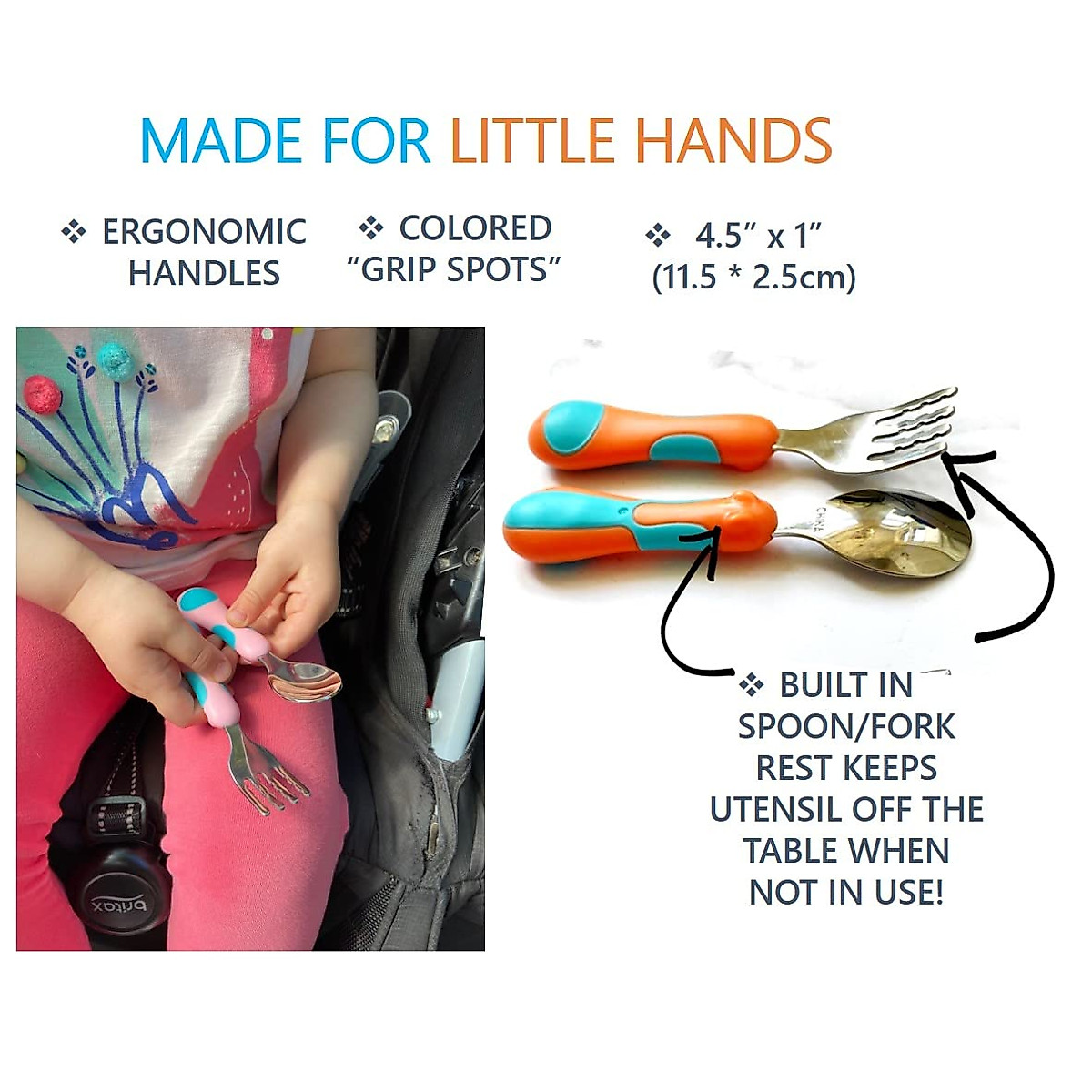 Toddler Silverware, Kids Utensils, Stainless Steel Forks Spoons Set with Travel Case for 1 2 3 4 year old. Metal Cutlery for Children, Girls Boys Baby, Round Handle 8 Pieces (4 sets) Pink Blue, Orange