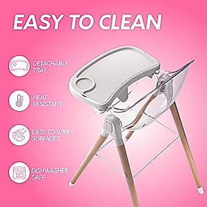 Children of Design 6 in 1 Deluxe Wooden High Chair for Babies & Toddlers, Modern Safe & Compact Baby Highchair, Easy to Clean, Removable Tray, Easy to Assemble, 6 Options 3 Seat Positions 2 Heights