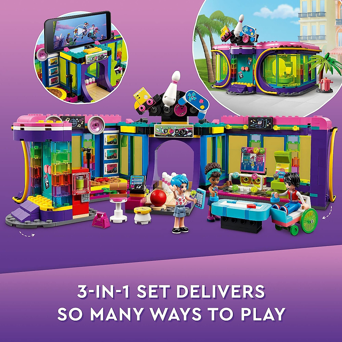 LEGO Friends Roller Disco Arcade Set 41708, Toy Bowling Game, Andrea Mini-Doll Included, Birthday Present Idea for Kids, Girls and Boys 7+, Fun Playset for Creative Play