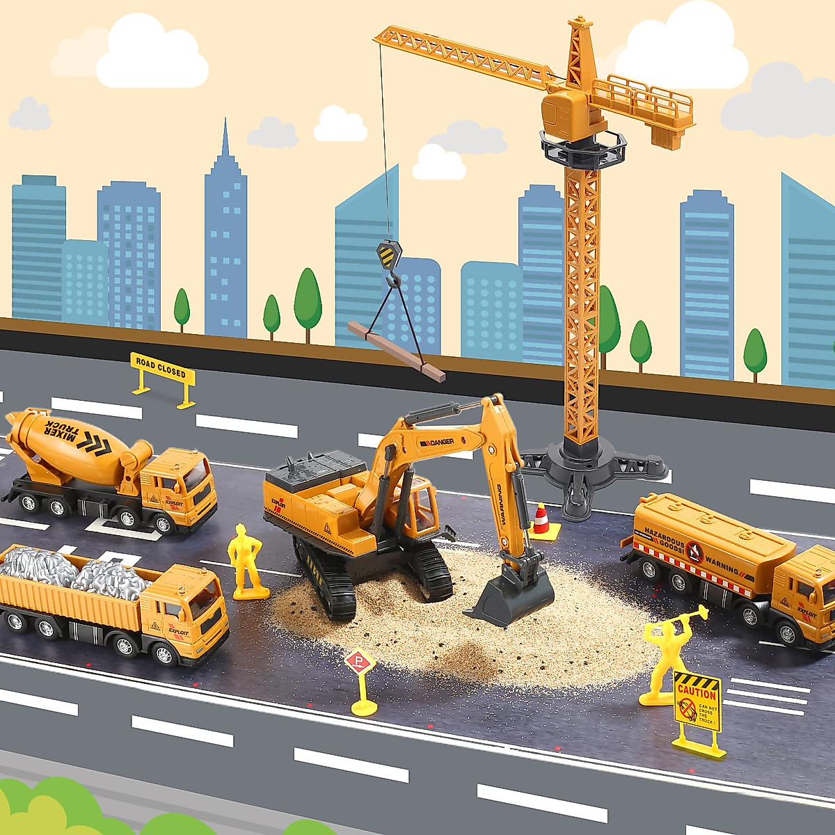 skirtoy Kids Construction Vehicles Playset with Playmat, 18" Crane Toy, 10" Excavator, Tractor, Dump Truck, Cement, 4 Firetrucks, Educational Engineering Toy Set Birthday Gift for Toddler Boy 3+