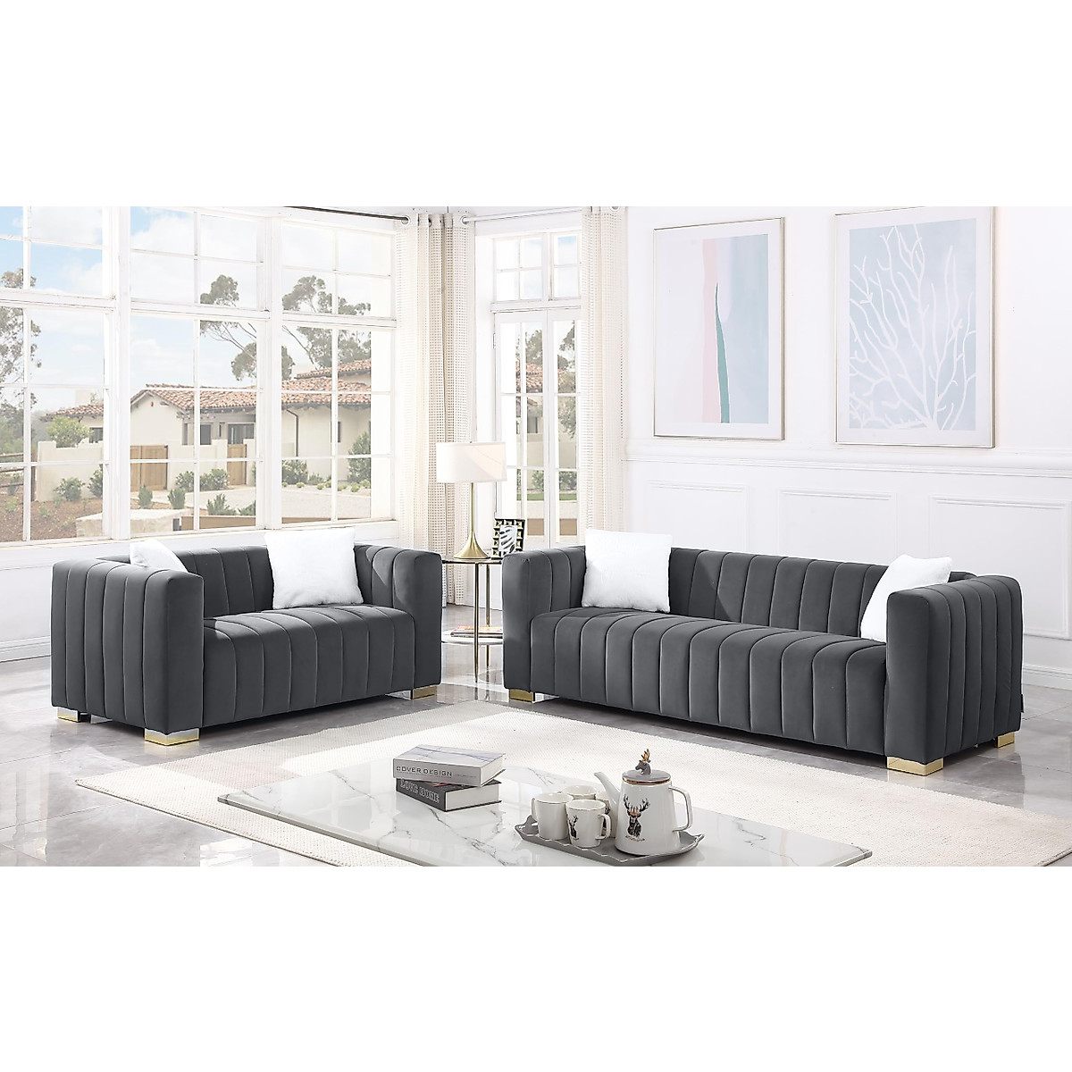 kevinplus Modern Sofa Couch 2 Set for Living Room, Velvet Chesterfield 2-Pcs Upholstered Sofa Couch for Apartment Bedroom Office, Strong Gold Metal Legs, Dark Grey
