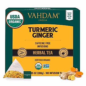 VAHDAM, Organic Turmeric Ginger Herbal Tea (100 Pyramid Tea Bags) Caffeine Free, Superfood w/USDA Organic Turmeric & Ginger | Herbal Tea Bags, Packed in Resealable Ziplock Pouch