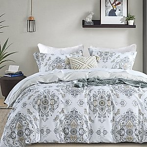 DUOMING Cotton King Duvet Cover - 100% Cotton Soft 3 Piece Duvet Cover King Size, Floral Patterned Duvet Cover Set, Duvet Cover King with Zipper Closure & 8 Ties…
