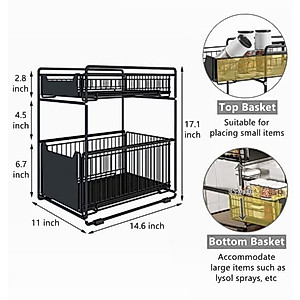 Simple Gear Heavy Duty 2-Tier Under Sink Cabinet Organizers with Sliding Storage Drawer, Pull Out Cabinets Organizer Shelf, Steel Shelf Basket Holds up to 150lbs for Kitchen Bathroom Cabinet or Pantry