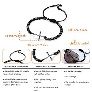 555Jewelry Stainless Steel Sideways Cross Bracelet for Women Adjustable String Bracelets Cross, Extendable Slide Cuff Bangle Beaded Bolo Bracelets for Women, Black