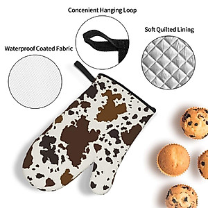Feartdiy Oven Mitts and Pot Holders Sets of 4,Cow Leather Brown Print Heat Resistant Kitchen Cooking Oven Gloves and Potholders for BBQ Baking Grillin, One Size