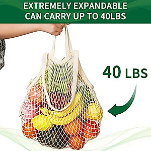 WOJEE Cotton mesh bags -Reusable Mesh Grocery Bags -Double handles net shopping bag-Mesh tote bag, fruit & vegetable market bags - 3 Pack (Beige, Pink, Black) -Large