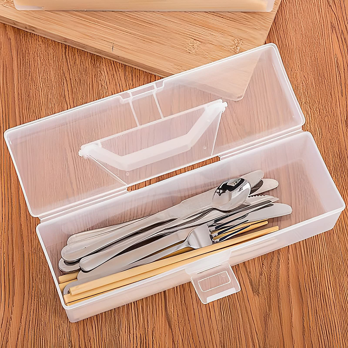 WonLiq Portable Flatware Organizer with Lid, Plastic Cutlery Silverware Cutlery Countertop Storage Containers, Kitchen Utensil Storage Box