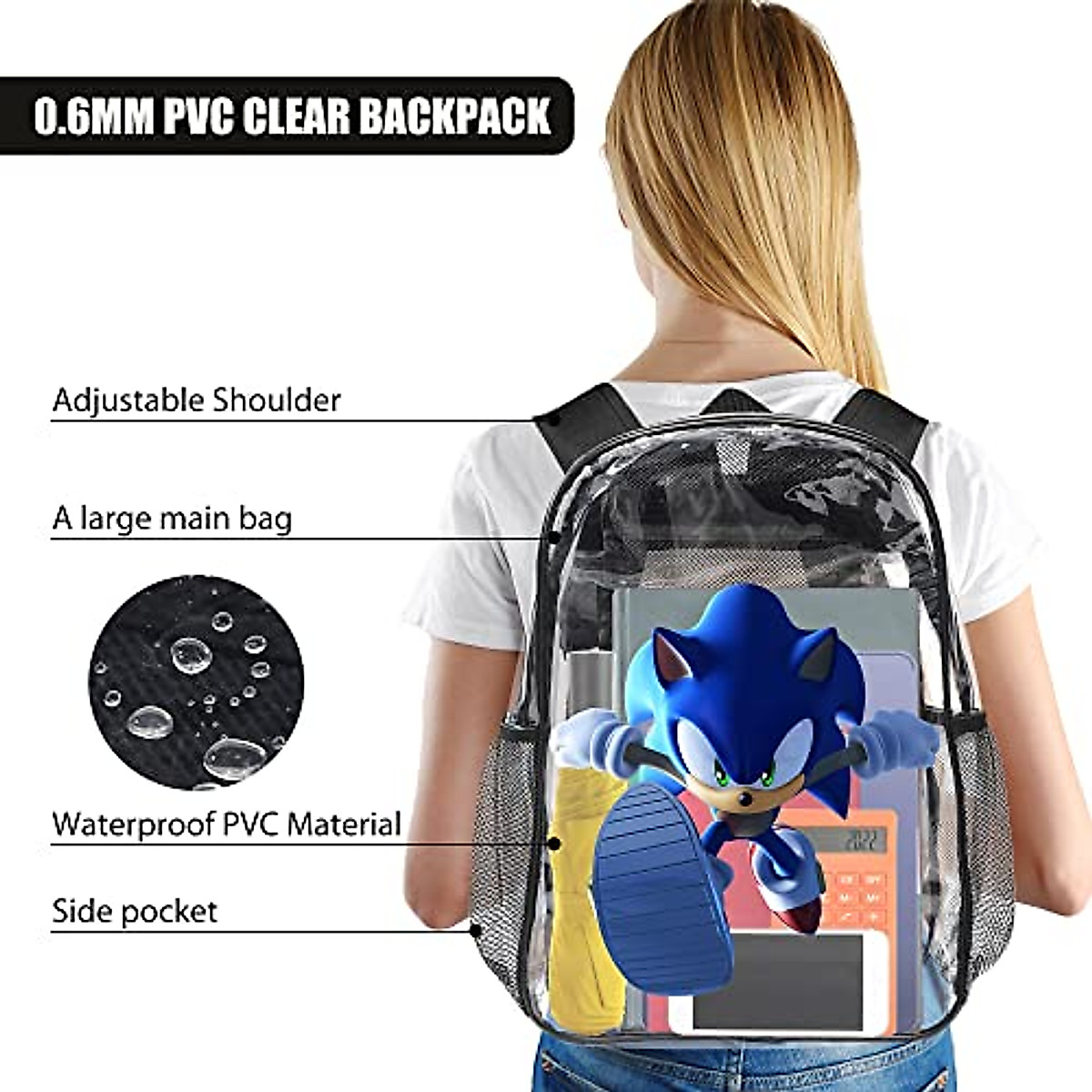 Qxuzizh 3PCS Transparent Clear Backpack Plastic Bookbags with Lunch Bag Tote And Pencil Case Box Pouch for Teen Boys Girls Youth