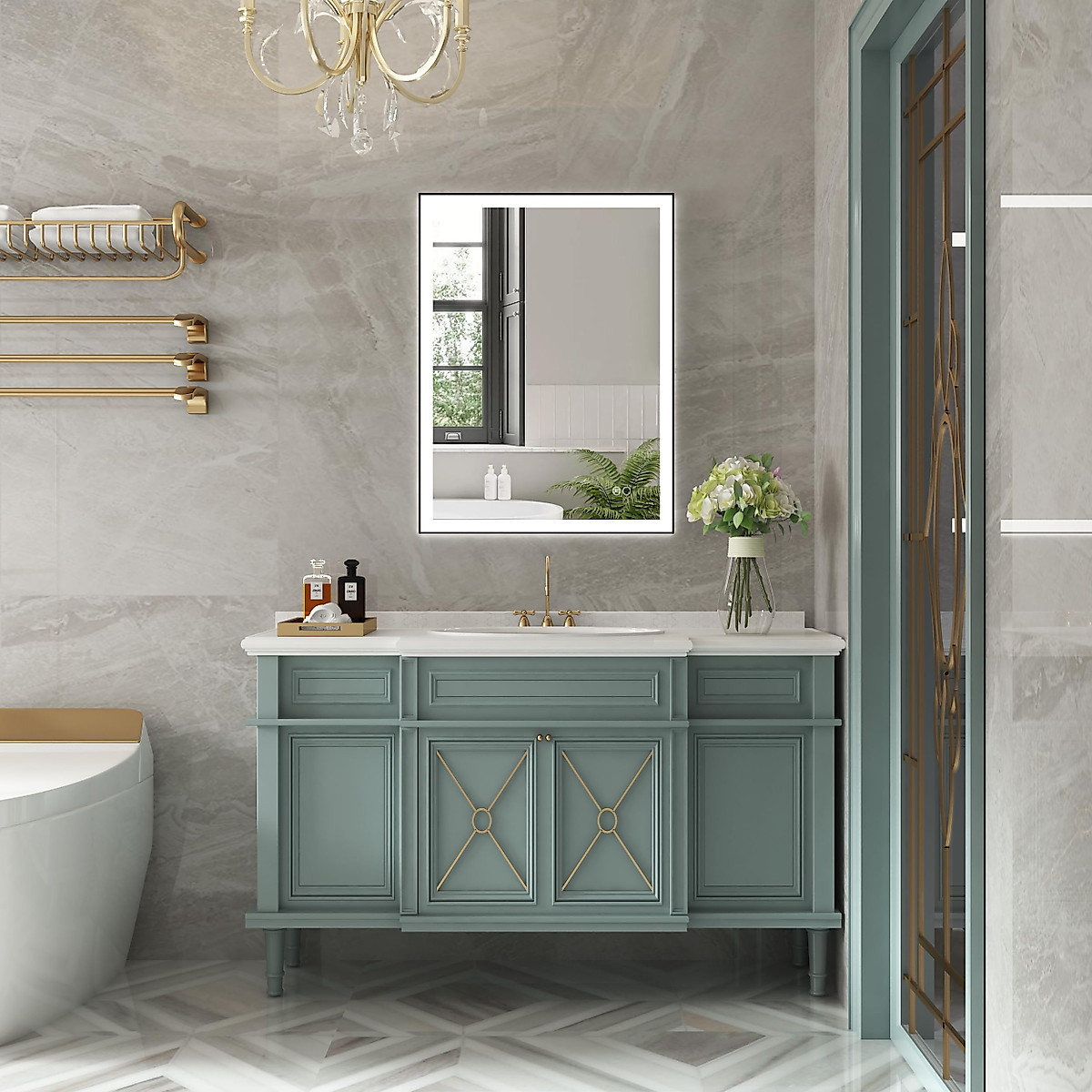 WELLFOR 24W x 32L Wall-Mounted Framed Bathroom Vanity Mirror, Smart Mirror W/Lights for Bathroom Hotel, Led Mirror Includes Dimmer Defogger, Vertical/Horizontal Installation, Rectangle, Matte Black