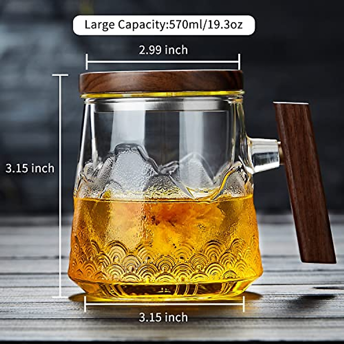 DOPUDO GLORIETTE Glass Teacup with Infuser and Lid, 570ml/19oz Large 3-Piece Glass Tea Mug with Embossing Landscape Pattern, Big Tea Cup with Wood Handle for Loose Leaf Tea