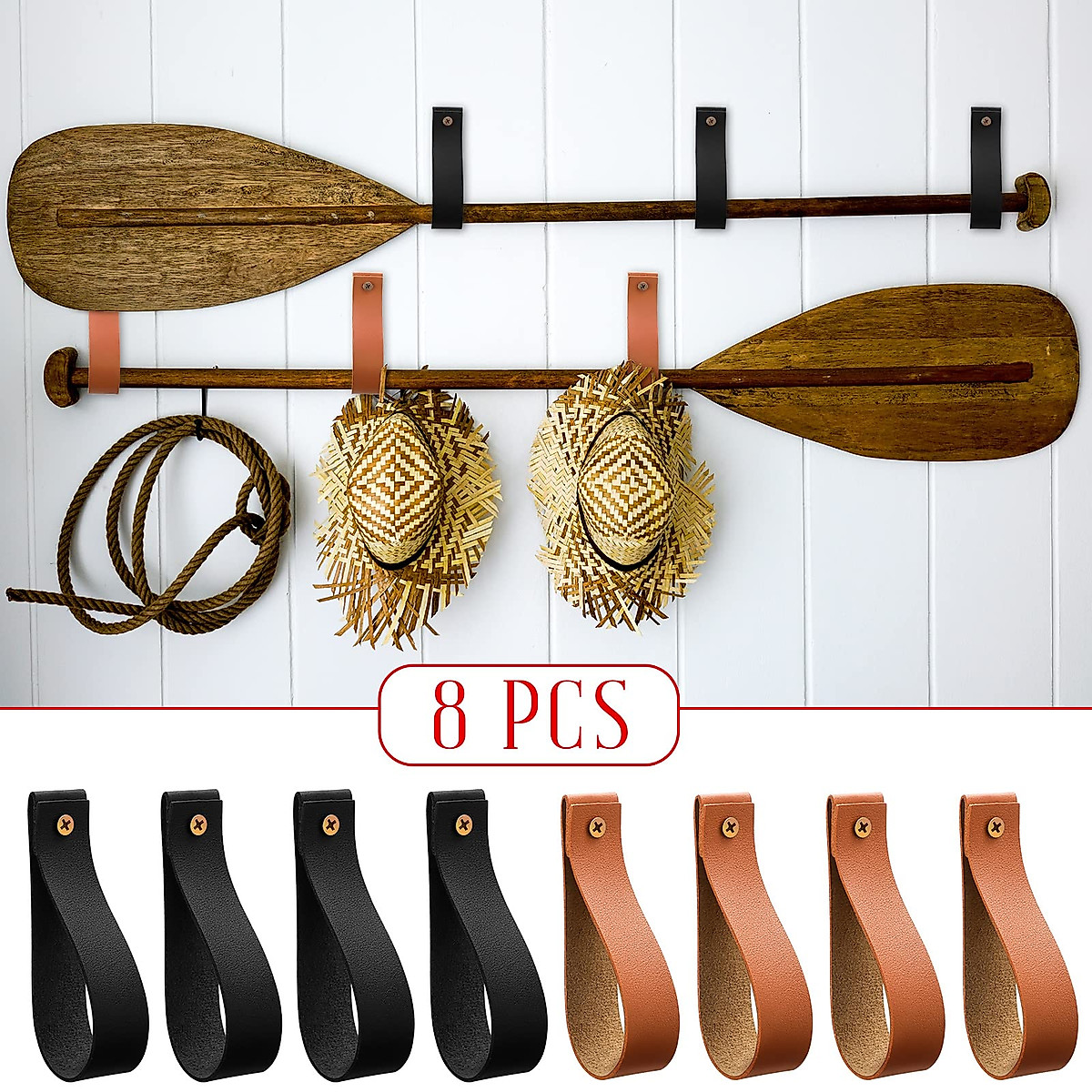 8 Pcs PU Leather Wall Hooks Wall Hanging Straps Pu Leather Curtain Rod Holder Towel Holders for Wall Faux Leather Strap Hanger Wall Mounted Pu Leather Hooks for Towel Bathroom Kitchen (Black, Yellow)