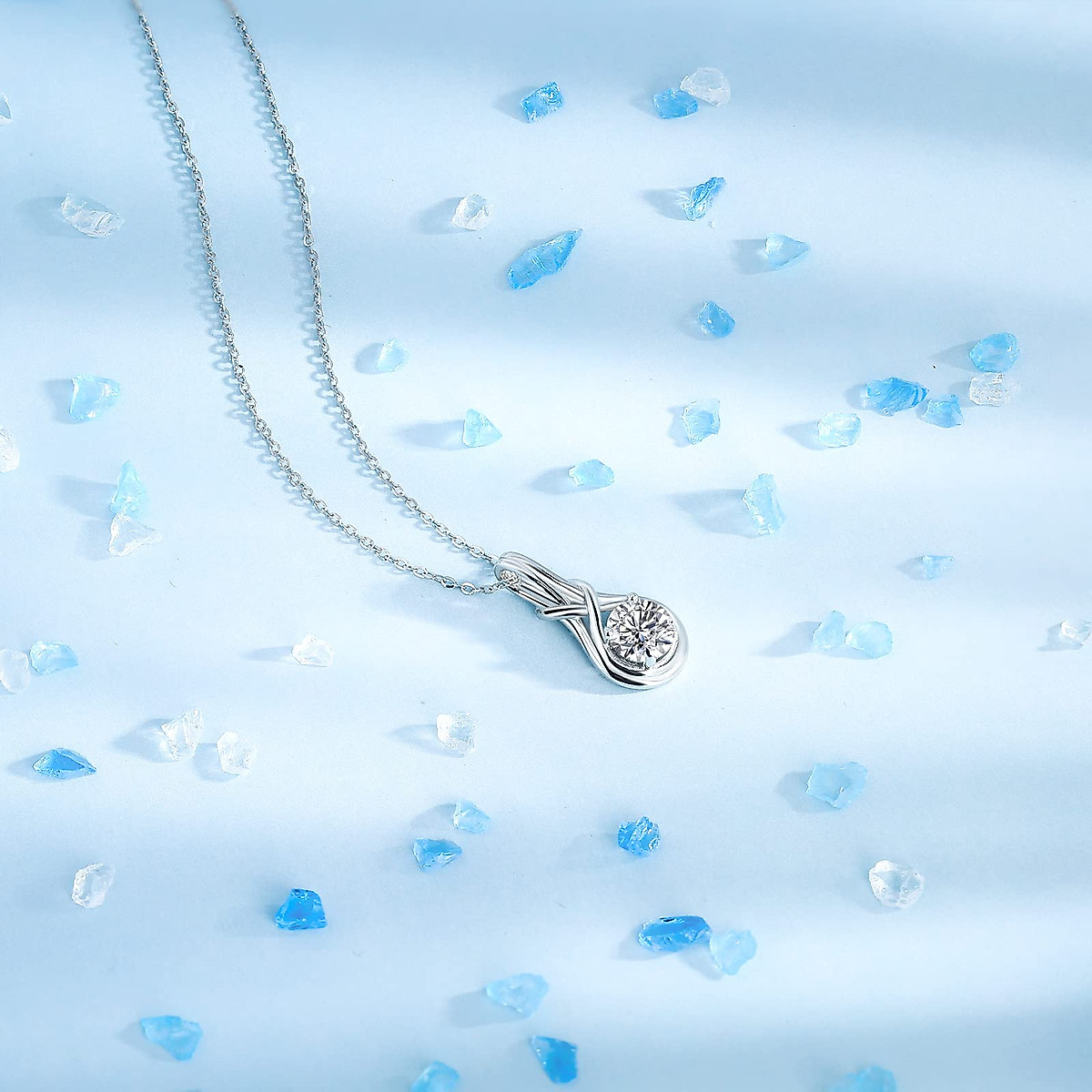 Sterling Silver Moissanite Pendant Necklace:1 Carat Round Cut Moissanite Solitaire Diamond Necklace with White Gold Plated Chain - Trendy Infinity Knot Gem Jewelry for Women