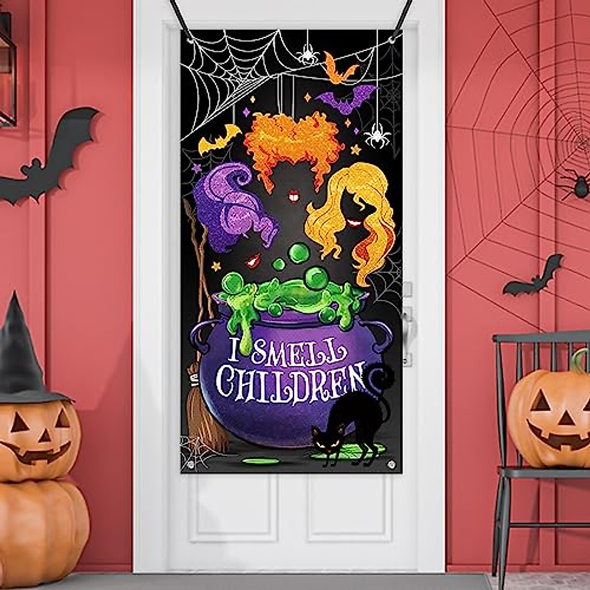 Deroro Halloween I Smell Children Door Cover Decorations, Sanderson Sisters Witches Hocus Pocus Front Door Banner Background, Spider Web Bats Black Cat Holiday Indoor Outdoor Home Decor 3 x 6 FT
