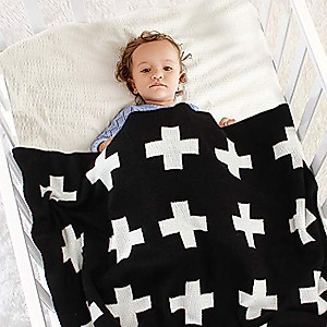 mimixong Baby Blankets Knitted Toddler Blankets Black and White with Cross Swiss Pattern for Boy and Girl 30×40 Inch Black