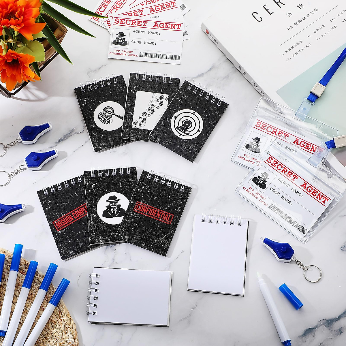 Qilery 72 Pcs Detective Spy Party Favors Include Mini Spiral Notebooks Flashlights With Keychain Invisible UV Light Pens ID Card Holders for Escape Room Birthday Party Supplies Decorations
