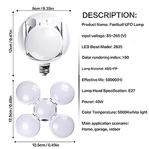 Otai LED Flicker Free Football lamp, 40W Garage roof Folding Bulb, E26/E274000LM LED Workshop lamp, 6000K Fluorescent Warehouse lamp, Applicable to Indoor, Garage, Basement, barn, attic, 1 Package