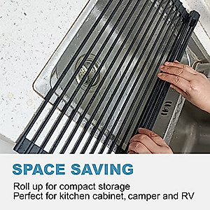 amo nenes Roll-up Dish Drying Rack, Over The Sink Kitchen Rolling Sink Rack, Multipurpose Dry Rack Dish Drainer, Stainless Steel Foldable Dish Drying Rack for Sink Counter(17.4" x 13.1")