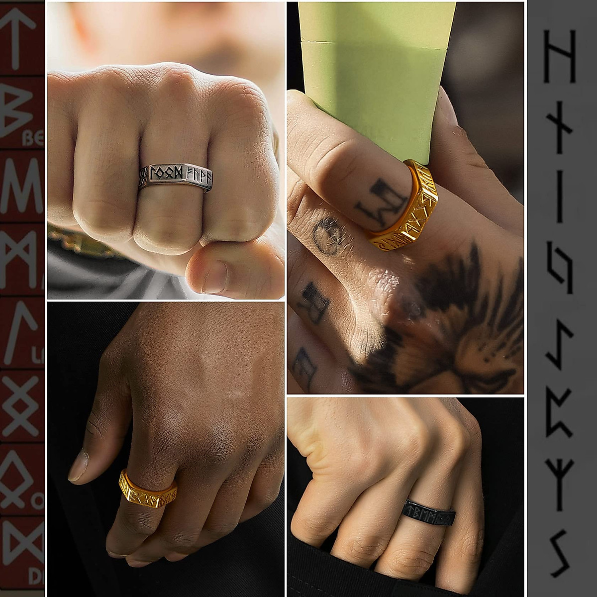 ChainsHouse Gold Band Rings Male Rotating Fidget Thumb Rings Retro Viking Runes Talisman Woman Stacking Bands 7mm Size 8