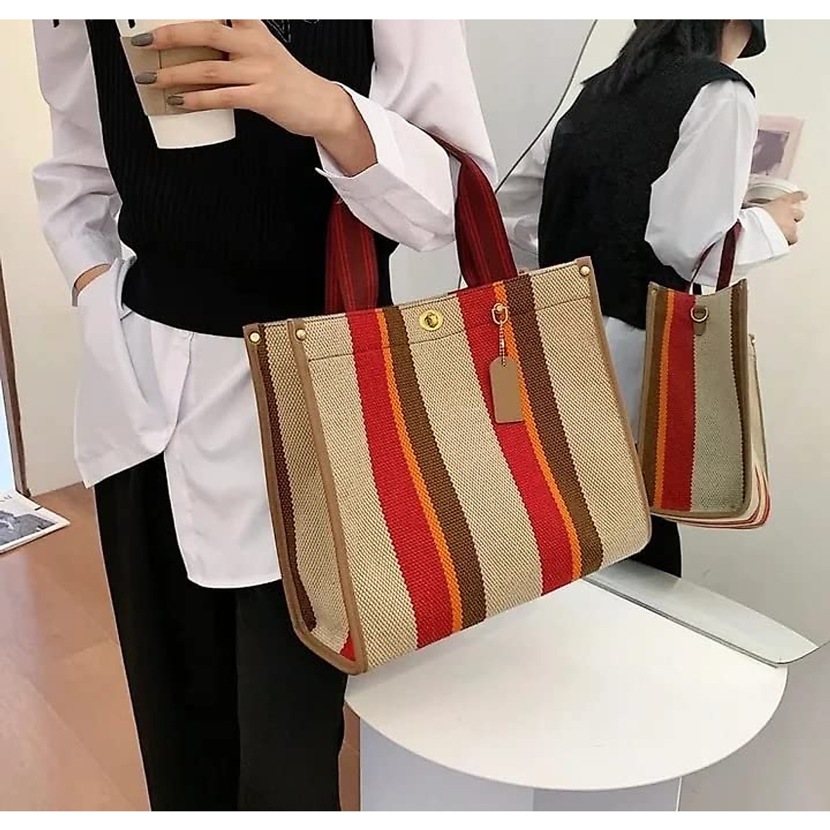 Womens Shoulder Bags - Casual Handbags - Strip Fashion Design - Bag for Travel, Office, School (Brown)