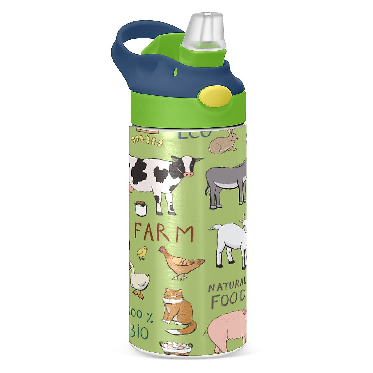 Kigai Farm Animals Kids Water Bottle, BPA-Free Vacuum Insulated Stainless Steel Water Bottle with Straw Lid Double Walled Leakproof Flask for Girls Boys Toddlers, 12Oz